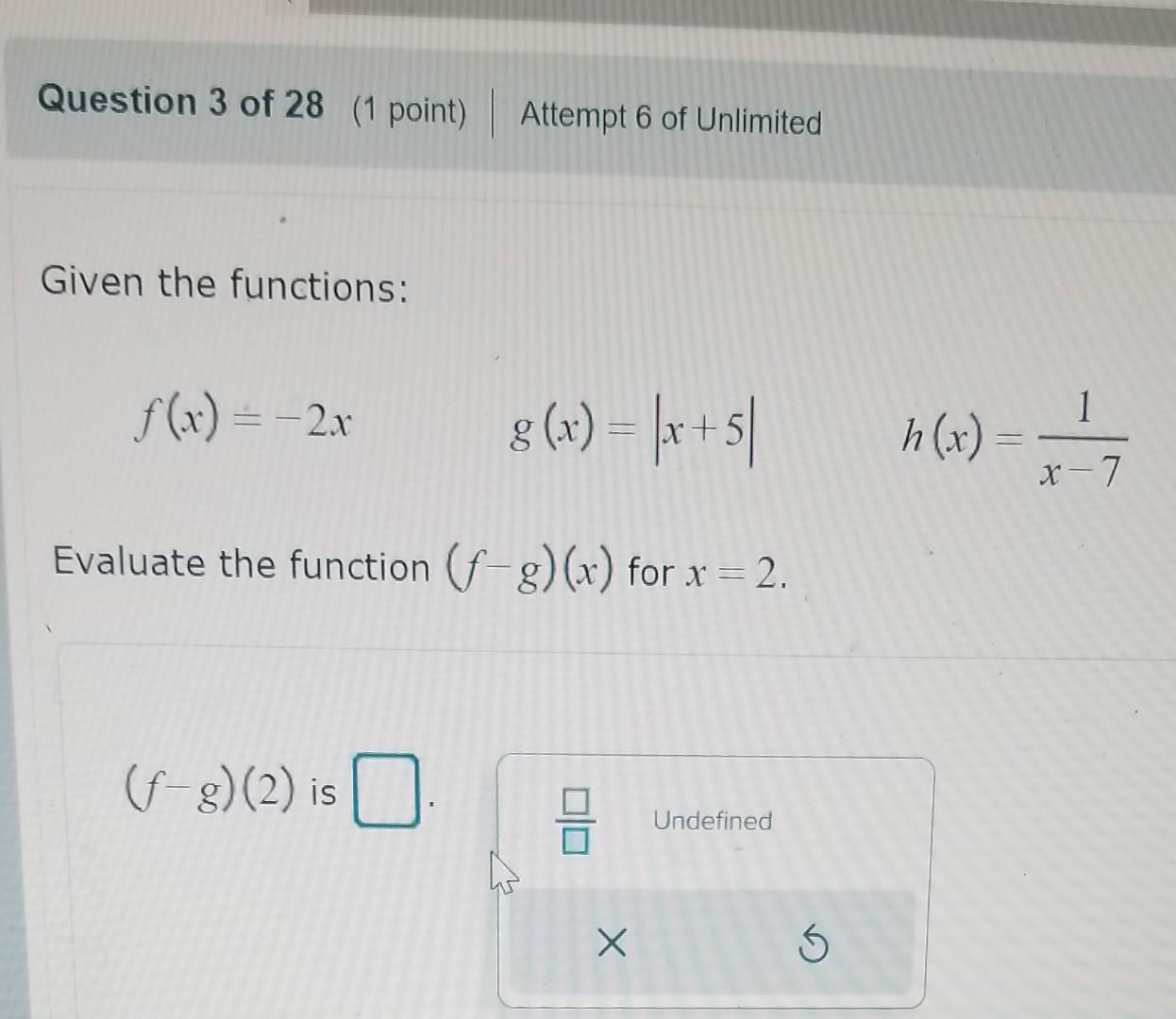 Solved Given the functions: f(x)=−2xg(x)=∣x+5∣h(x)=x−71 | Chegg.com