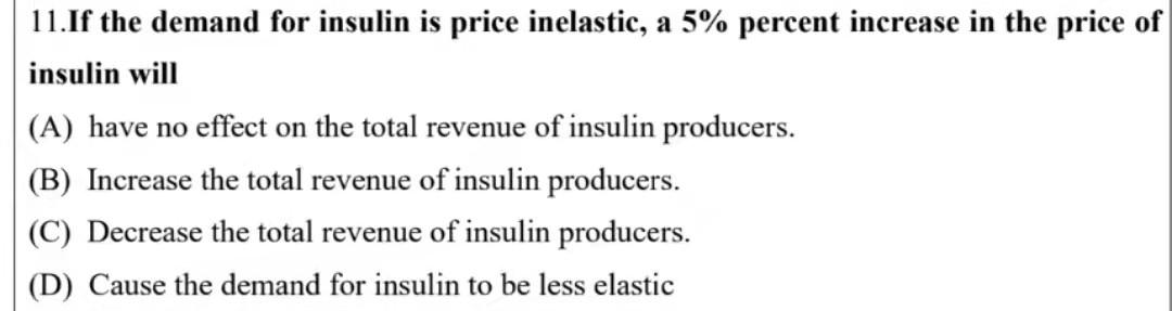 Solved 11.If the demand for insulin is price inelastic, a 5% | Chegg.com