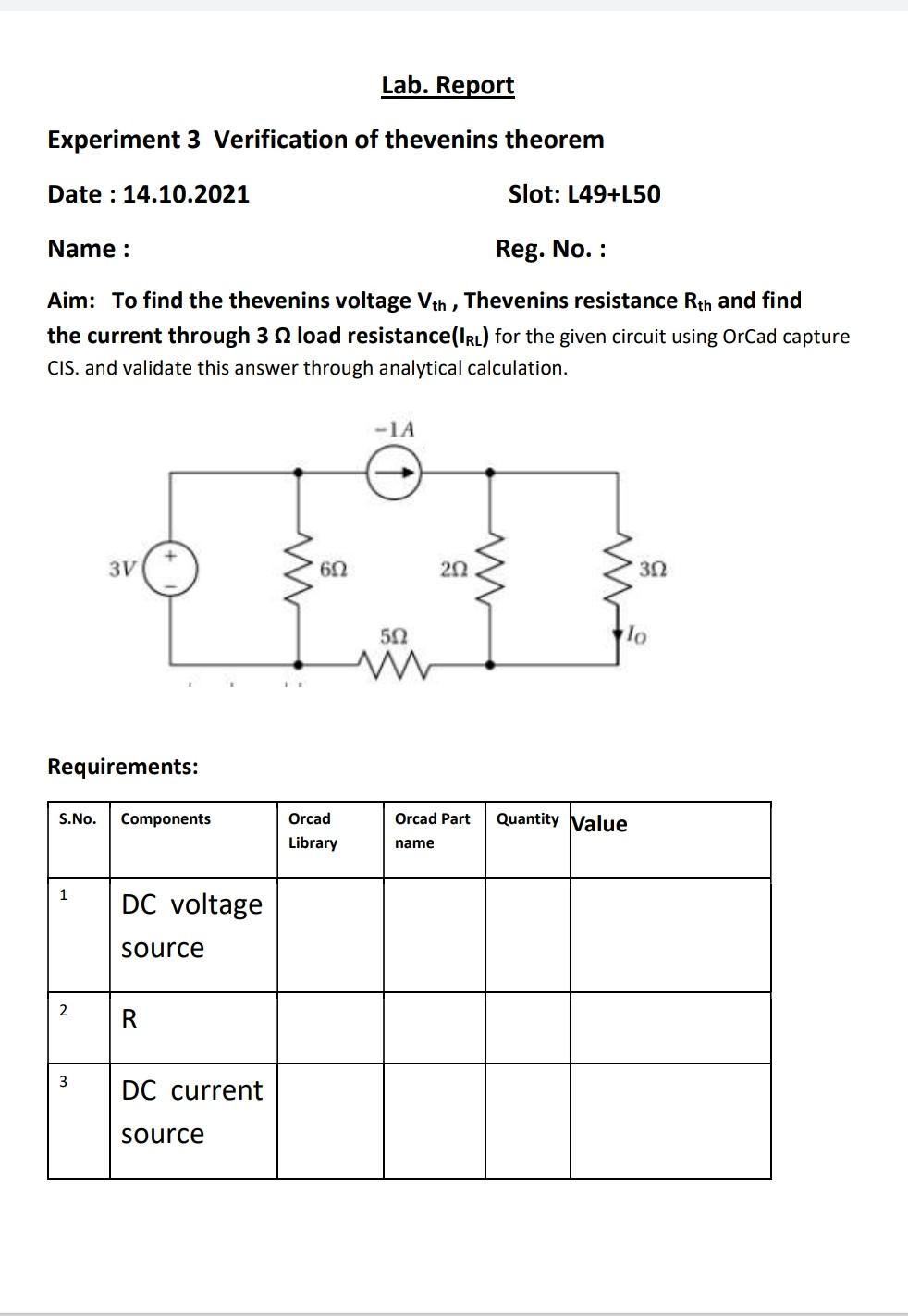 Solved Lab. Report Experiment 3 Verification of thevenins | Chegg.com