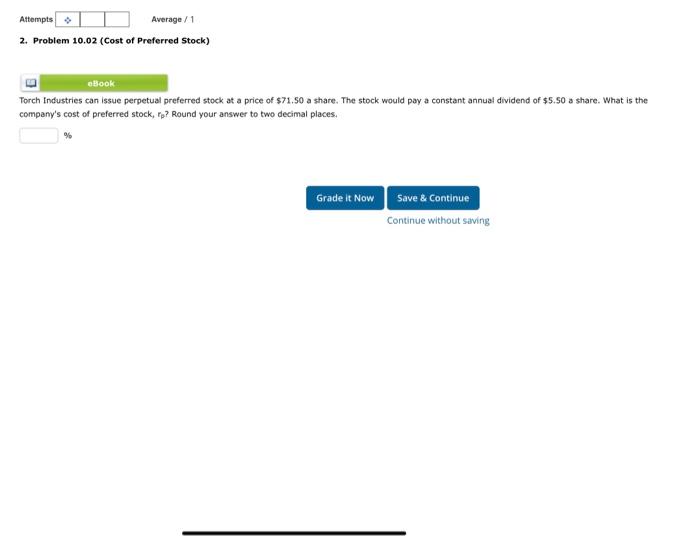 Solved 2. Problem 10.02 (Cost of Preferred Stock) Torch | Chegg.com
