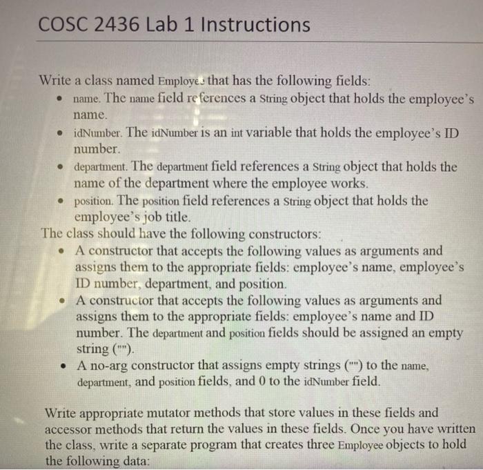 Solved COSC 2436 Lab 1 Instructions Write a class named | Chegg.com