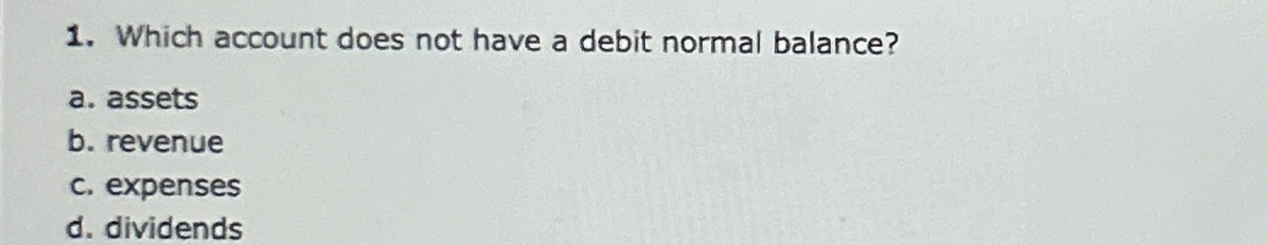 Solved Which account does not have a debit normal balance?a. | Chegg.com