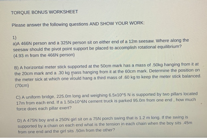 Solved TORQUE BONUS WORKSHEET Please answer the following | Chegg.com