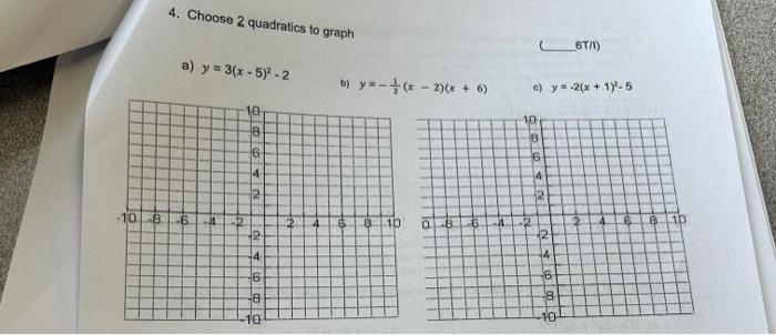 4. Choose 2 quadratics to graph a) y=3(x−5)2−2 b) | Chegg.com