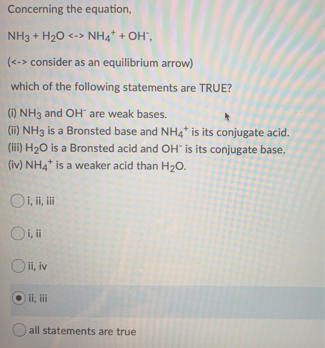 Solved Concerning the equation, NH3 + H20 NH4+ + OH", | Chegg.com