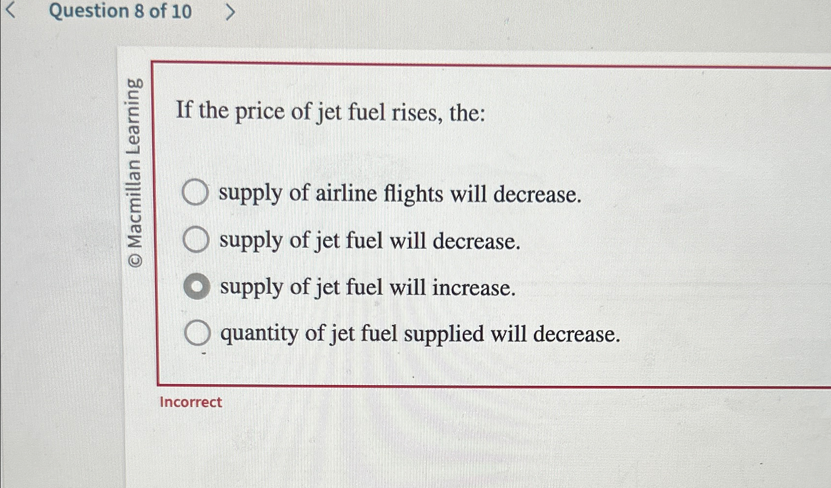 Solved Question 8 ﻿of 10If the price of jet fuel rises, | Chegg.com