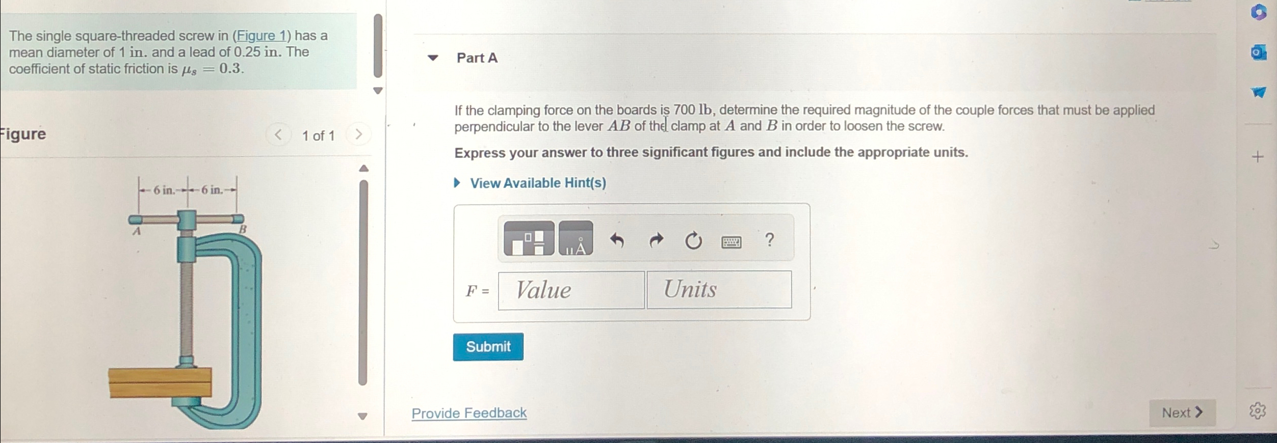 Solved The single square-threaded screw in (Figure 1) ﻿has a | Chegg.com