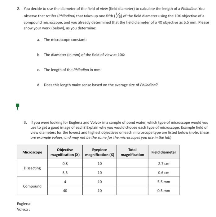 2. You decide to use the diameter of the field of | Chegg.com