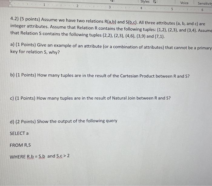 Solved 4.2) (5 points) Assume we have two relations R(a,b) | Chegg.com