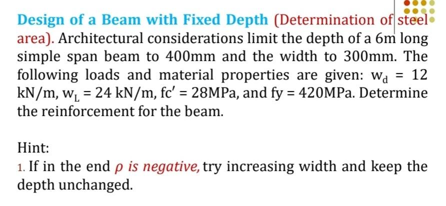 Solved Design of a Beam with Fixed Depth (Determination of | Chegg.com