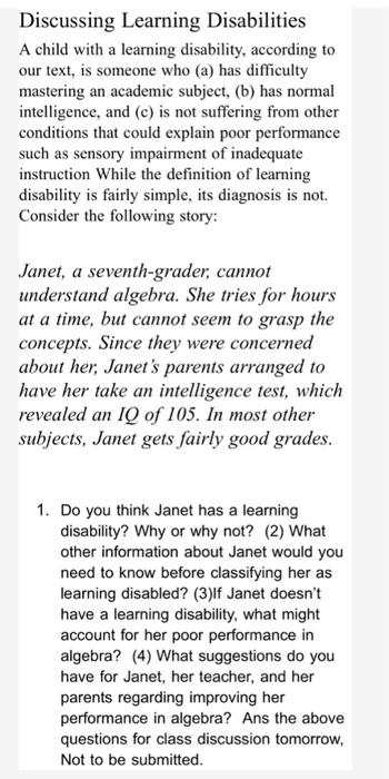 Solved Discussing Learning Disabilities A child with a | Chegg.com