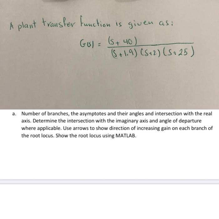 Solved A plant transfer function is given as: Gul = (S+40) | Chegg.com