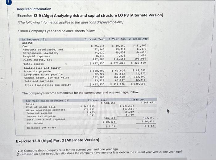 Solved Required information Exercise 13-9 (Algo) Analyzing | Chegg.com