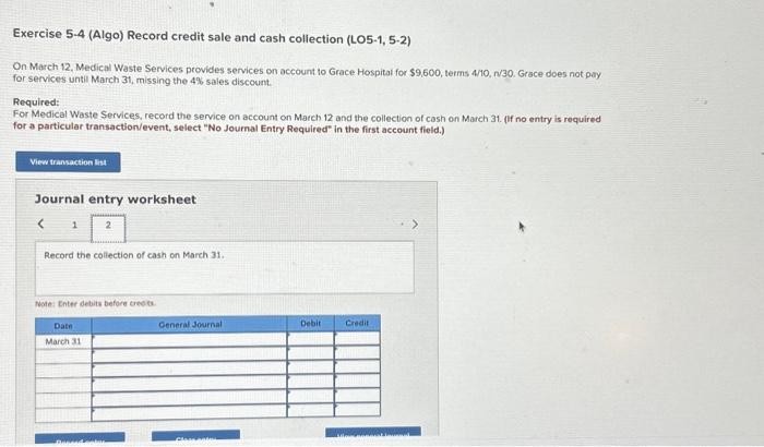 Solved Exercise 5-4 (Algo) Record credit sale and cash | Chegg.com