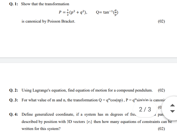 Solved Q. 1: Show that the transformation P = {(p2 +93), is | Chegg.com
