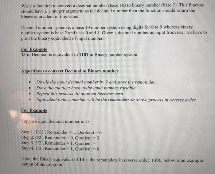 Solved Write A Function To Convert A Decimal Number Base