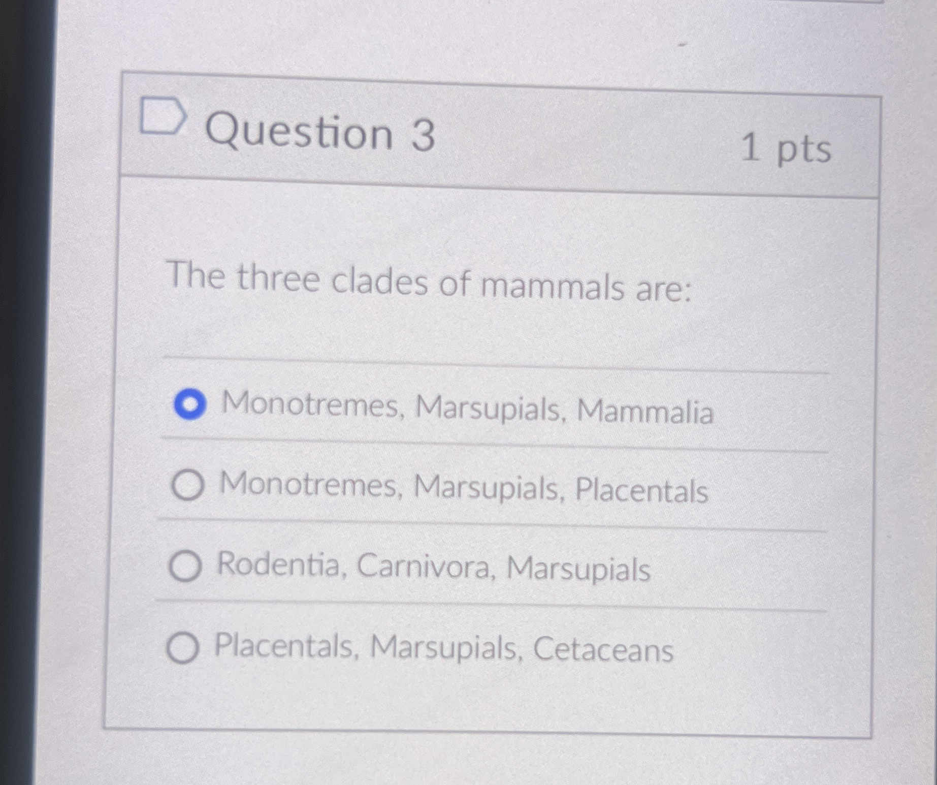 Solved Question 31 ﻿ptsThe three clades of mammals | Chegg.com