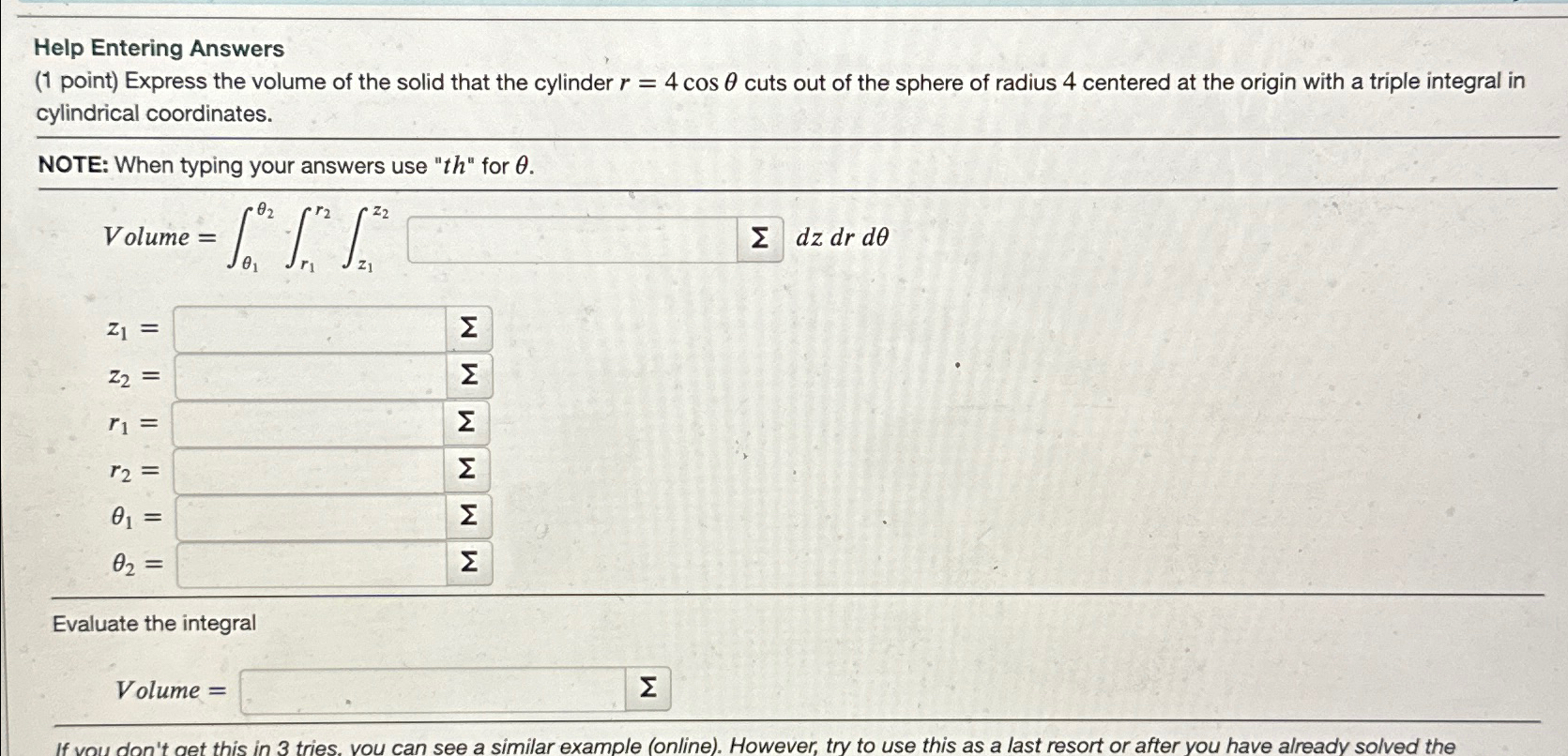 Solved Help Entering Answers(1 point) Express the volume | Chegg.com Solved Help Entering Answers(1 point) Express the volume | Chegg.com