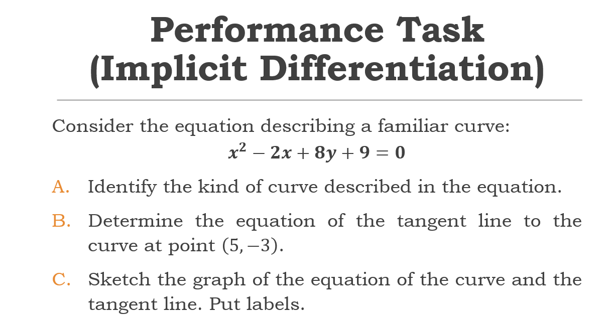 Performance Task (Implicit Differentiation)Consider | Chegg.com