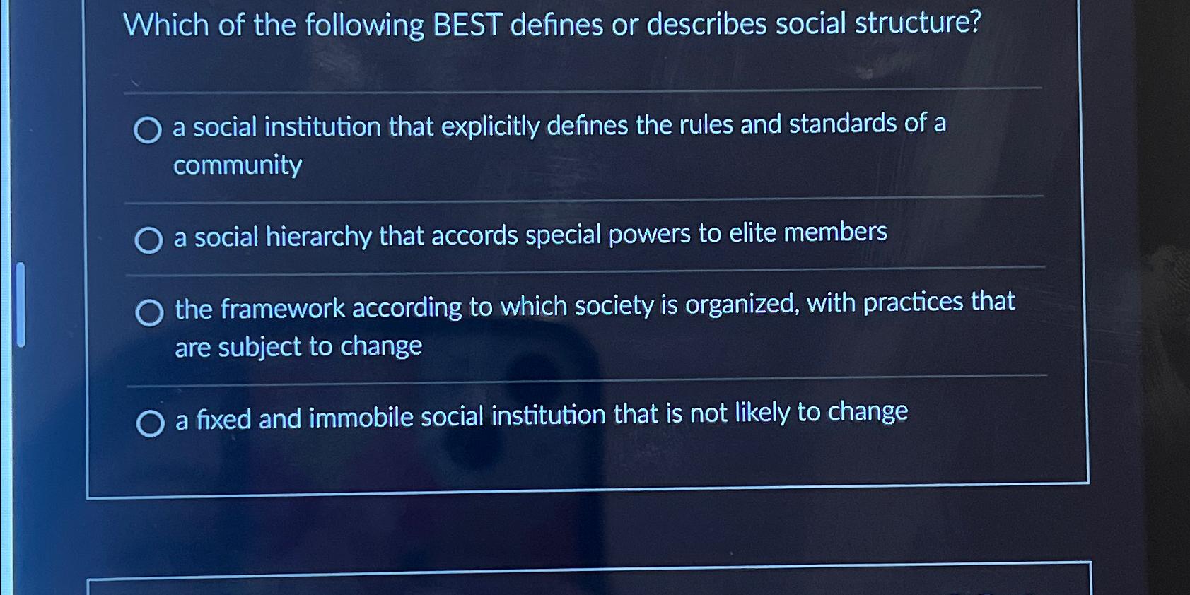 Solved Which of the following BEST defines or describes | Chegg.com