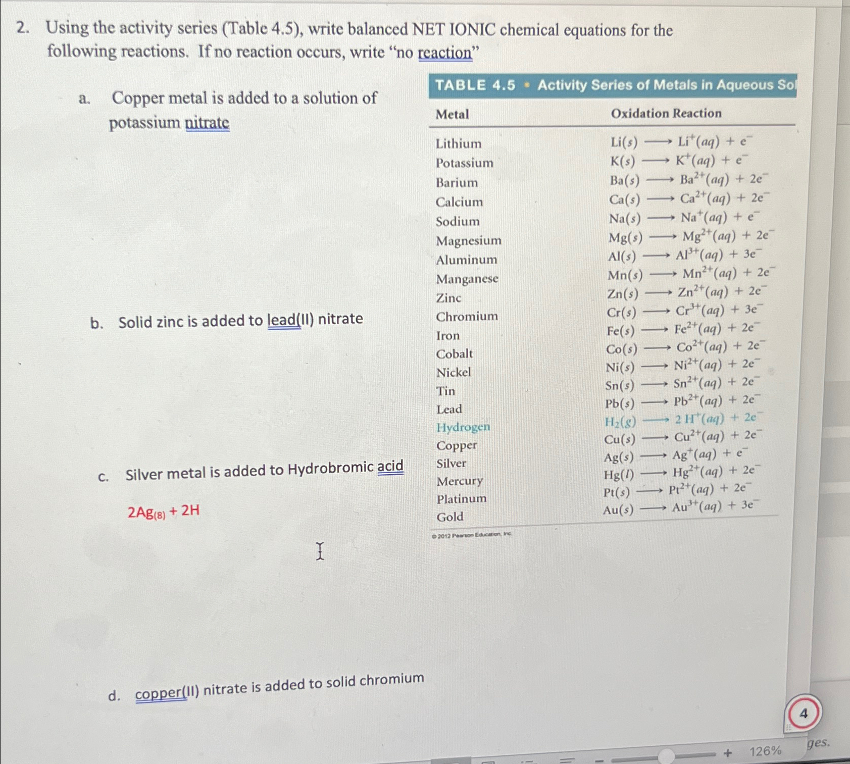 Solved Using the activity series (Table 4.5), ﻿write | Chegg.com
