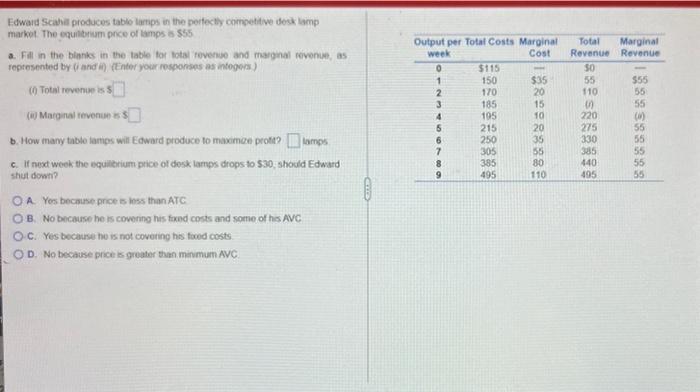 Solved Edward Scahill produces table lamps in the perfectly | Chegg.com