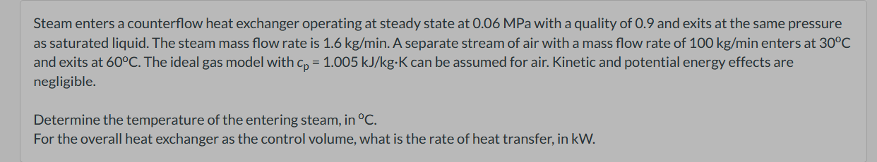 Solved Steam enters a counterflow heat exchanger operating | Chegg.com