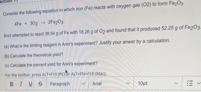 Solved Consider the following equation in which iron (Fe) | Chegg.com