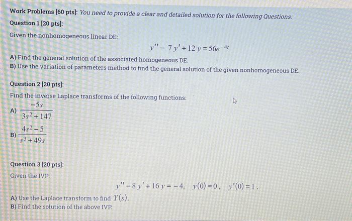 Solved Work Problems [60 pts]: You need to provide a clear | Chegg.com