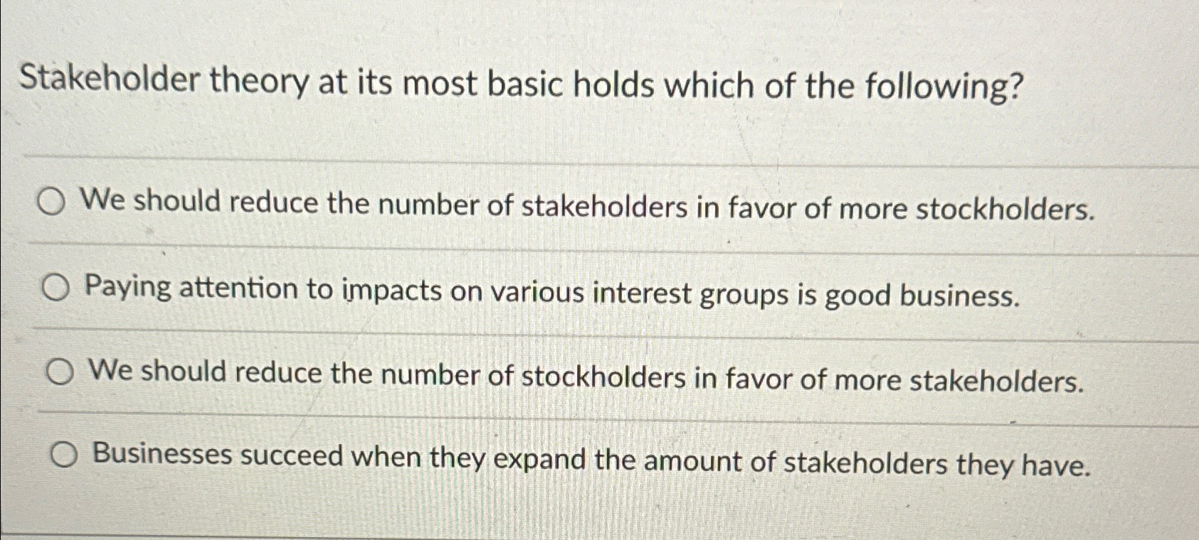 Solved Stakeholder theory at its most basic holds which of | Chegg.com