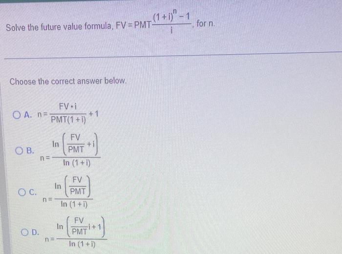 Solved Solve the future value formula, FV=PMTi(1+i)n−1, | Chegg.com