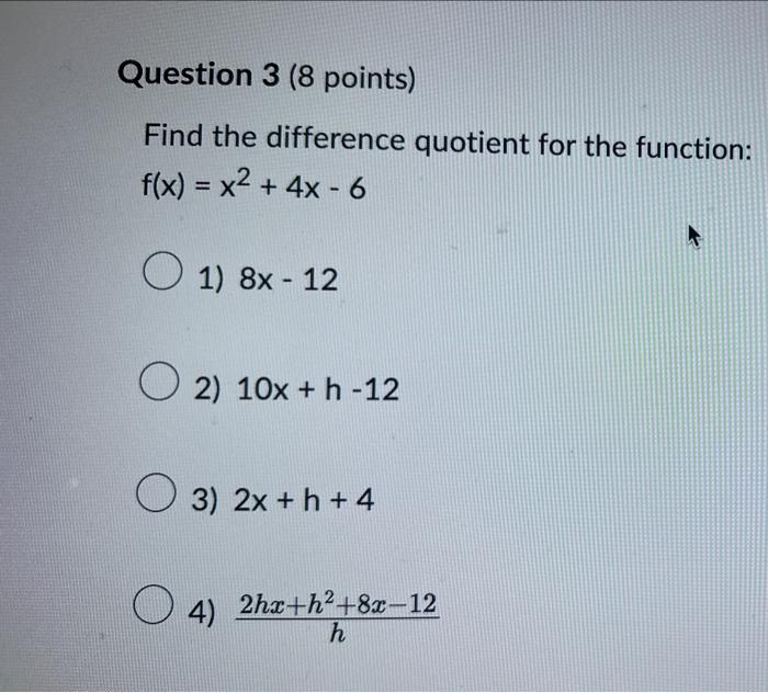 Solved Find the difference quotient for the function: | Chegg.com