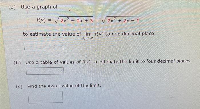 Solved (a) Use a graph of f(x)=2x2+9x+3−2x2+2x+1 to estimate | Chegg.com