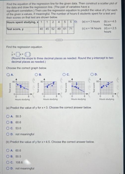 Solved Find the equation of the regression line for the | Chegg.com