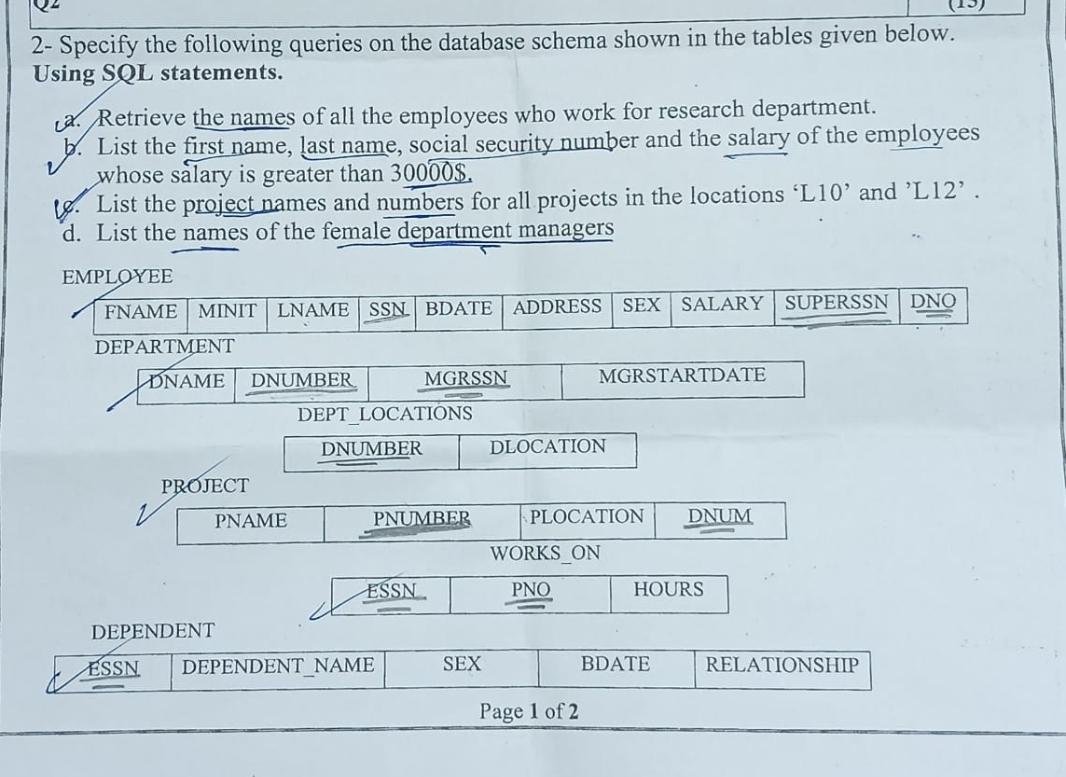 Solved 2- ﻿Specify the following queries on the database | Chegg.com
