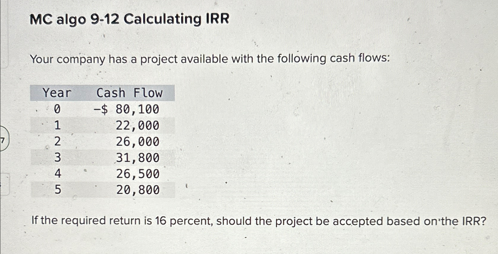 Solved MC algo 9-12 Calculating IRRYour company has a | Chegg.com Solved MC algo 9-12 Calculating IRRYour company has a | Chegg.com