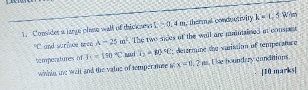 Solved 1. Consider a large plane wall of thickness L=0.4 m, | Chegg.com
