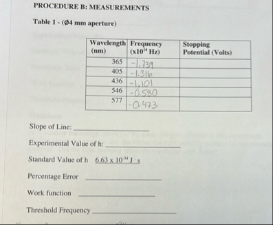 PROCEDURE B: MEASUREMENTSTable 1 - ( O4mm | Chegg.com