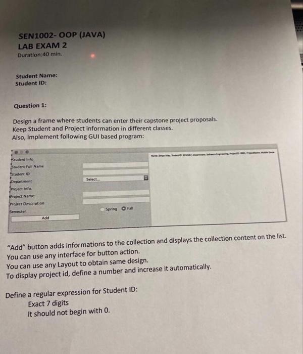 Solved SEN1002- OOP (JAVA) LAB EXAM 2 Duration:40 min. | Chegg.com
