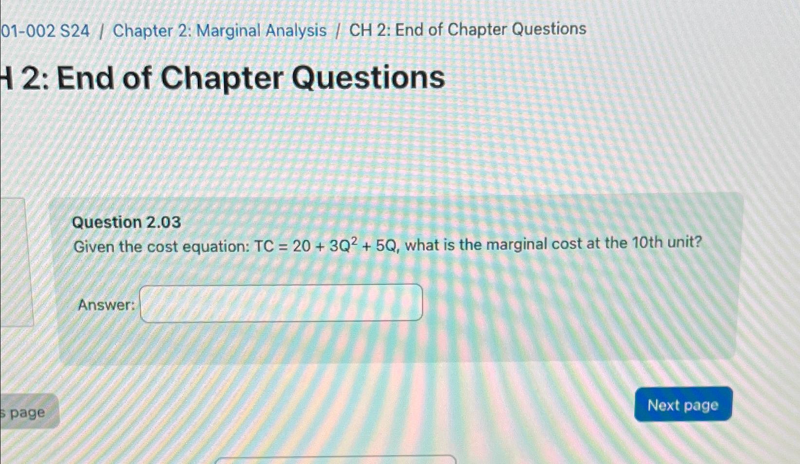 Solved 01-002 ﻿S24 / ﻿Chapter 2: Marginal Analysis / ﻿CH 2: | Chegg.com