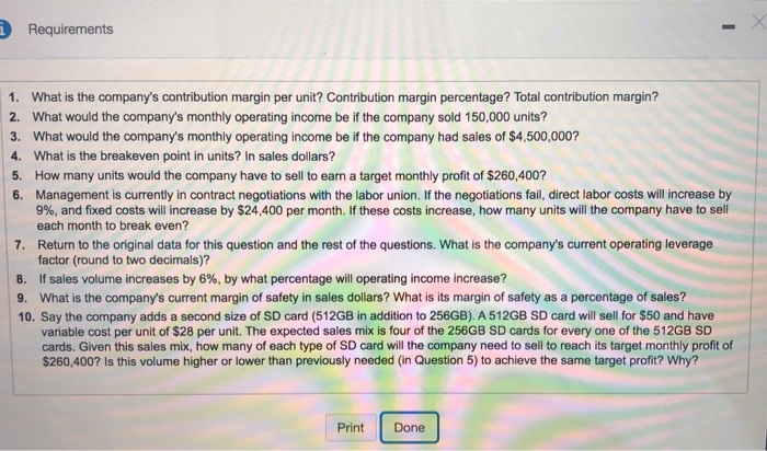 Solved Requirements 1. What is the company's contribution | Chegg.com