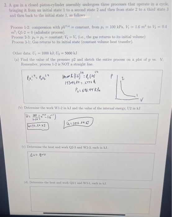 Solved 2. A gas in a closed piston-cylinder assembly | Chegg.com