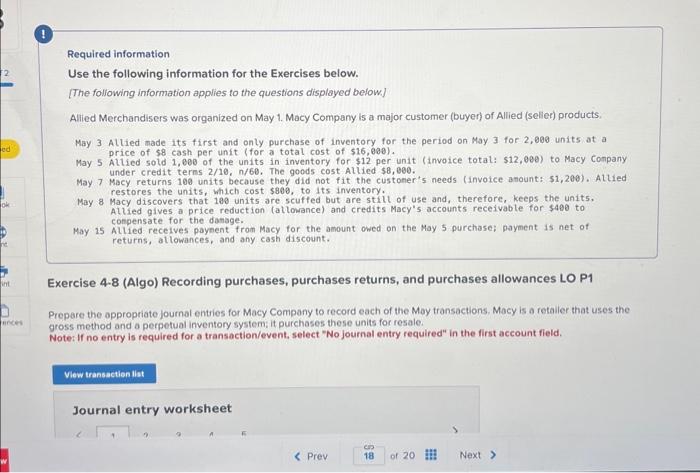 Solved Exercise 4-8 (Algo) Recording purchases, purchases | Chegg.com