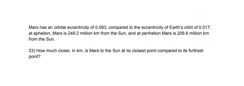 Solved Mars has an orbital eccentricity of 0.093 , ﻿compared | Chegg.com
