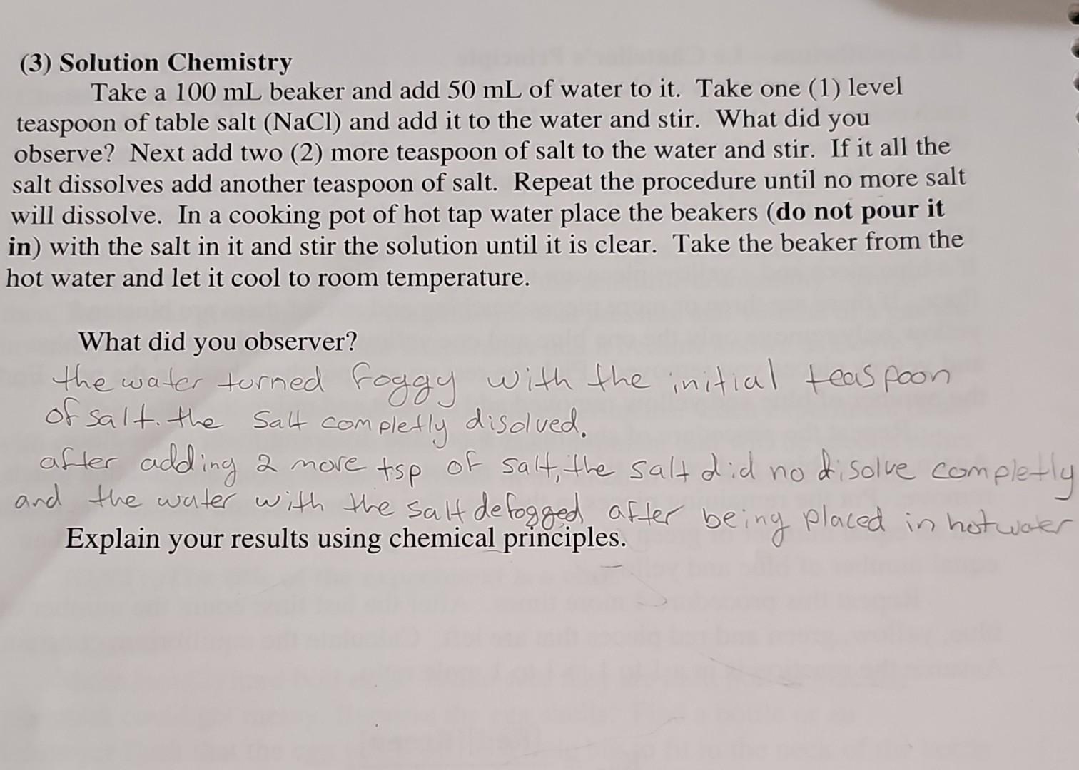 Solved (3) Solution Chemistry Take a 100 mL beaker and add | Chegg.com