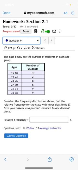 Solved Done myopenmath.com АА С Homework: Section 2.1 Score: | Chegg.com