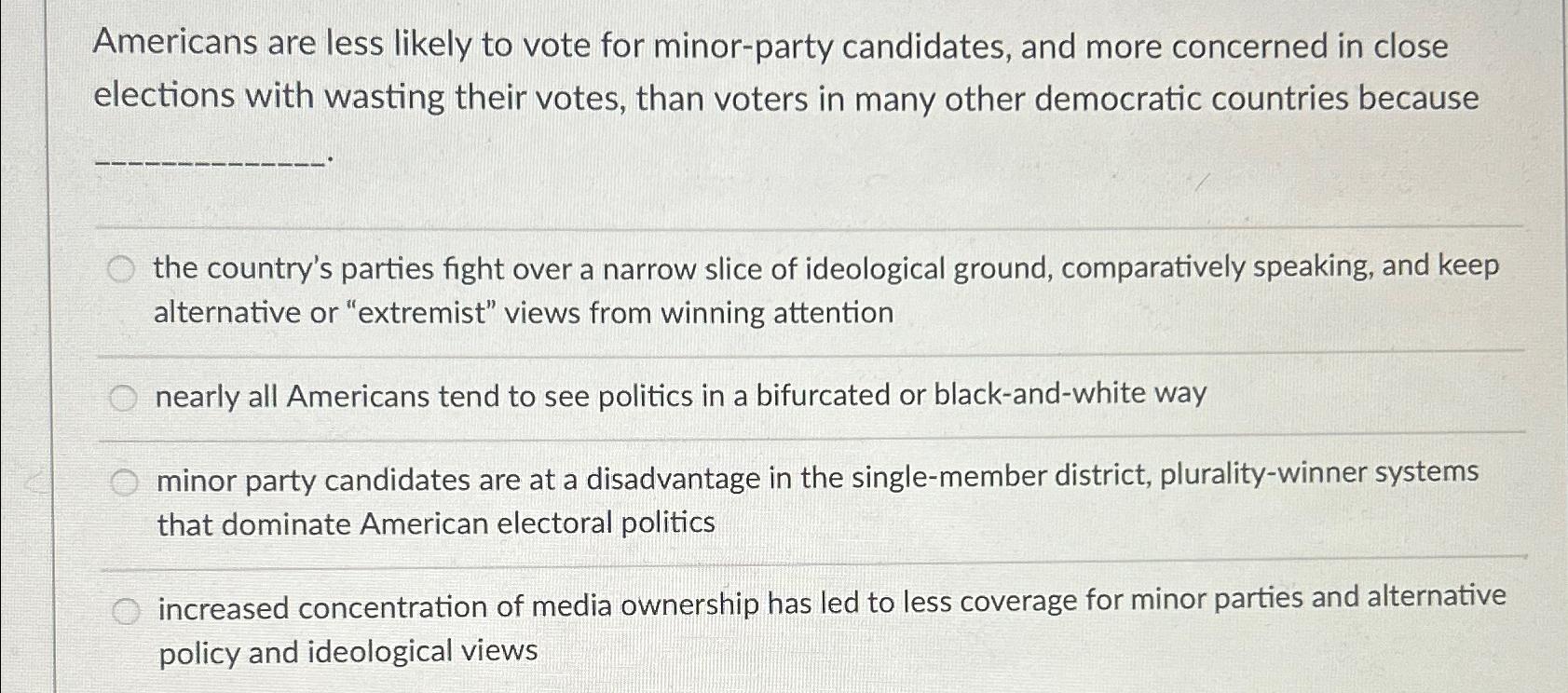 Solved Americans are less likely to vote for minor-party | Chegg.com