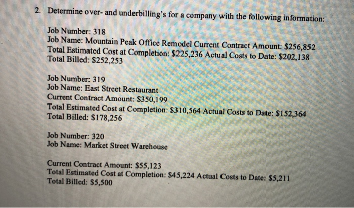 Solved 2. Determine over- and underbilling's for a company | Chegg.com