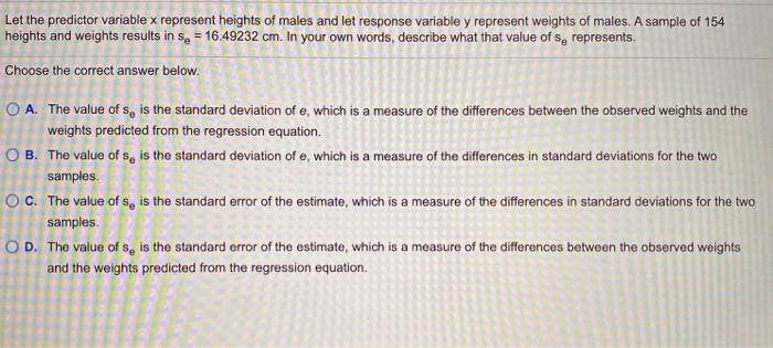 Solved Let The Predictor Variable X Represent Heights Of 