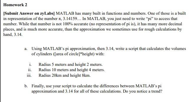 Solved Homework 2 [Submit Answer on zyLabs| MATLAB has many | Chegg.com